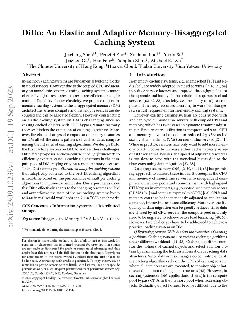 Ditto An Elastic And Adaptive Memory Disaggregated Caching System Deepai 