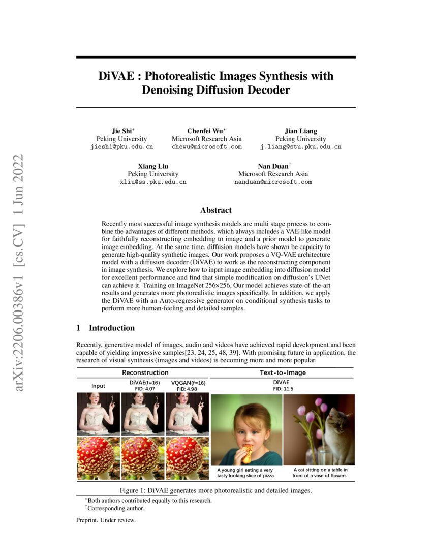 DiVAE: Photorealistic Images Synthesis with Denoising Diffusion Decoder | DeepAI