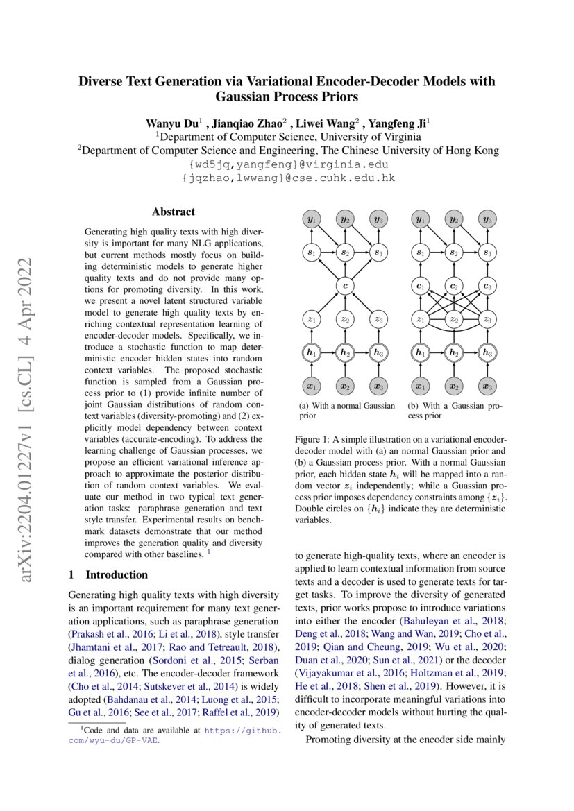 Diverse Text Generation via Variational Encoder-Decoder Models with Gaussian Process Priors | DeepAI