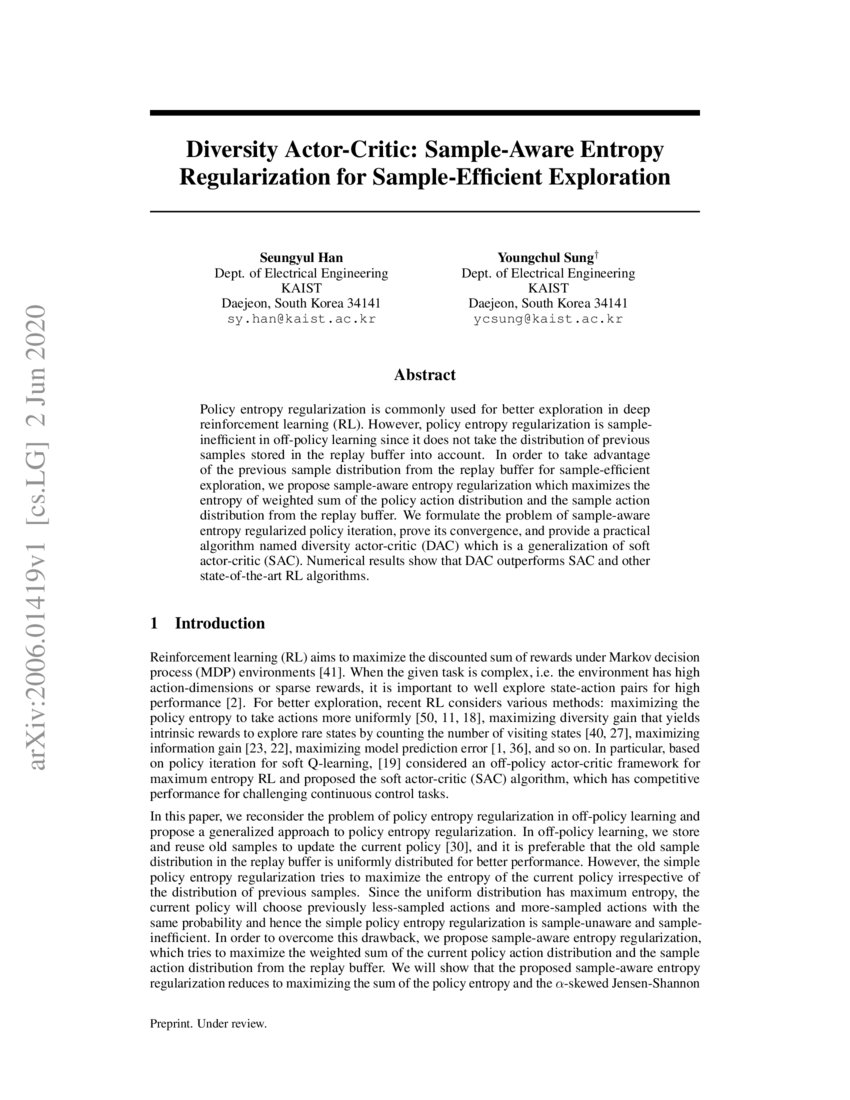 Diversity Actor-Critic: Sample-Aware Entropy Regularization for Sample-Efficient Exploration ...