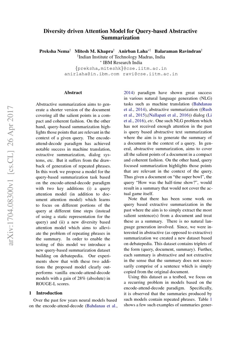 Diversity driven Attention Model for Query-based Abstractive ... Diversity driven Attention Model for Query-based Abstractive ...