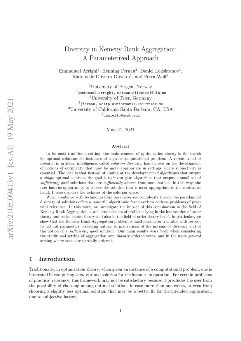 Diversity in Kemeny Rank Aggregation: A Parameterized Approach | DeepAI