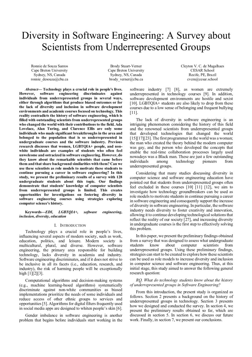 Diversity in Software Engineering: A Survey about Scientists from Underrepresented Groups | DeepAI