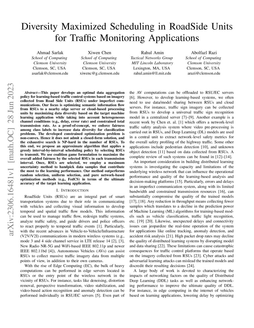 Diversity Maximized Scheduling in RoadSide Units for Traffic Monitoring Applications | DeepAI