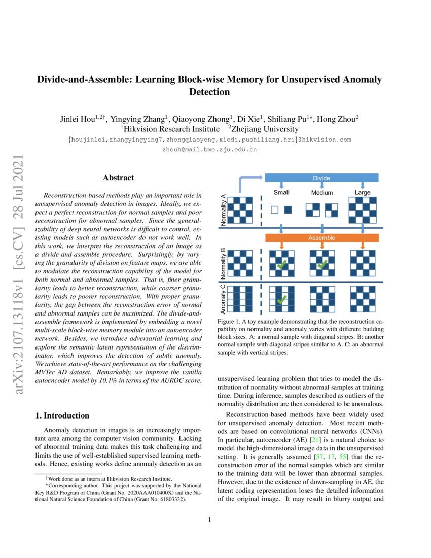 Divide-and-Assemble: Learning Block-wise Memory for Unsupervised Anomaly Detection | DeepAI