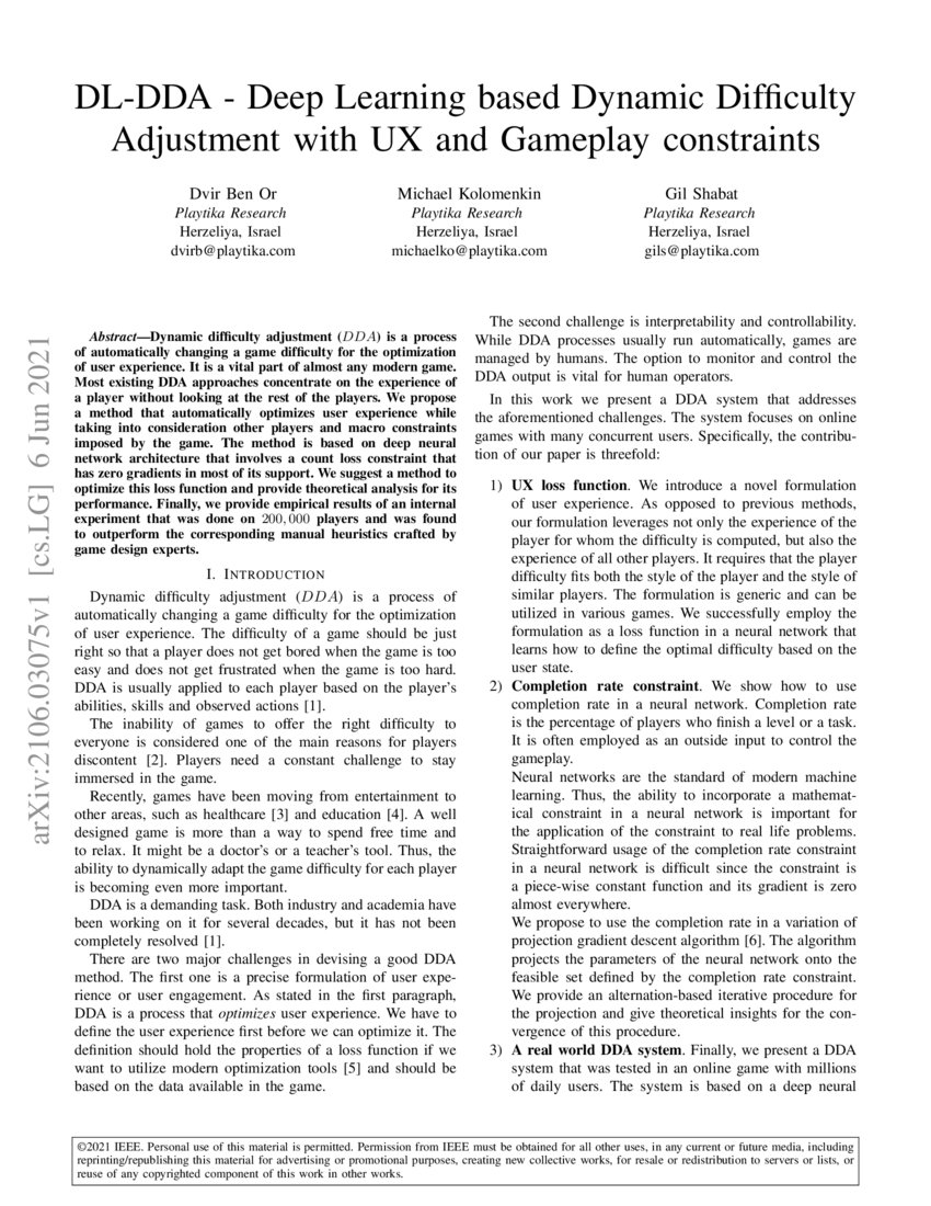 Dl Dda Deep Learning Based Dynamic Difficulty Adjustment With Ux And Gameplay Constraints Deepai