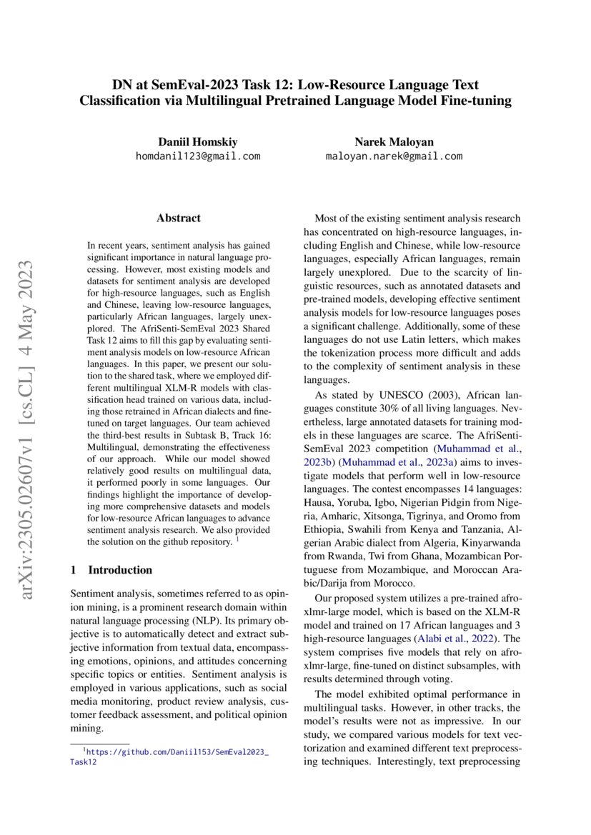 Dn At Semeval 2023 Task 12 Low Resource Language Text Classification Via Multilingual