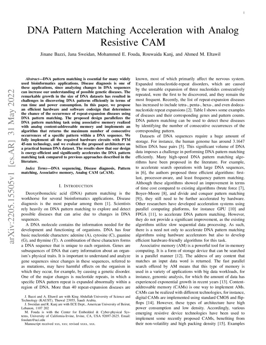 DNA Pattern Matching Acceleration with Analog Resistive CAM | DeepAI