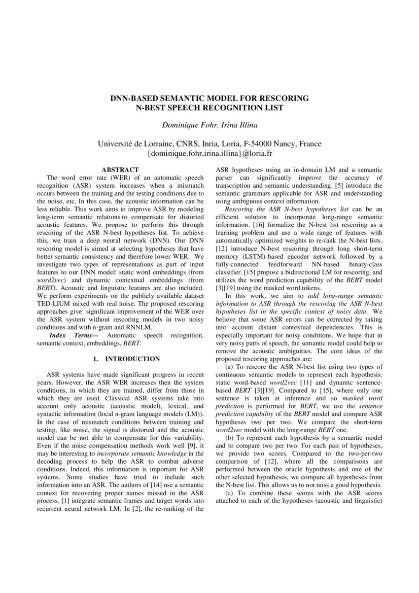 Dnn Based Semantic Model For Rescoring N Best Speech Recognition List Deepai