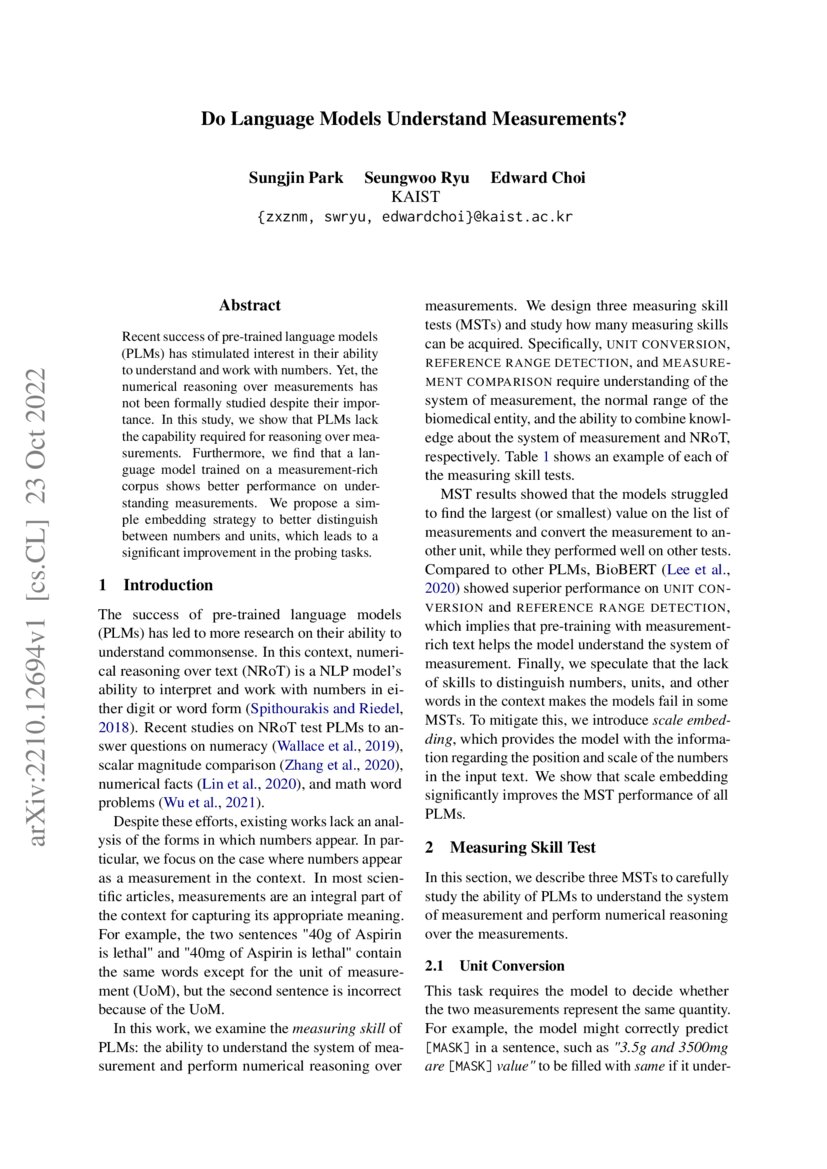 Do Language Models Understand Measurements? | DeepAI