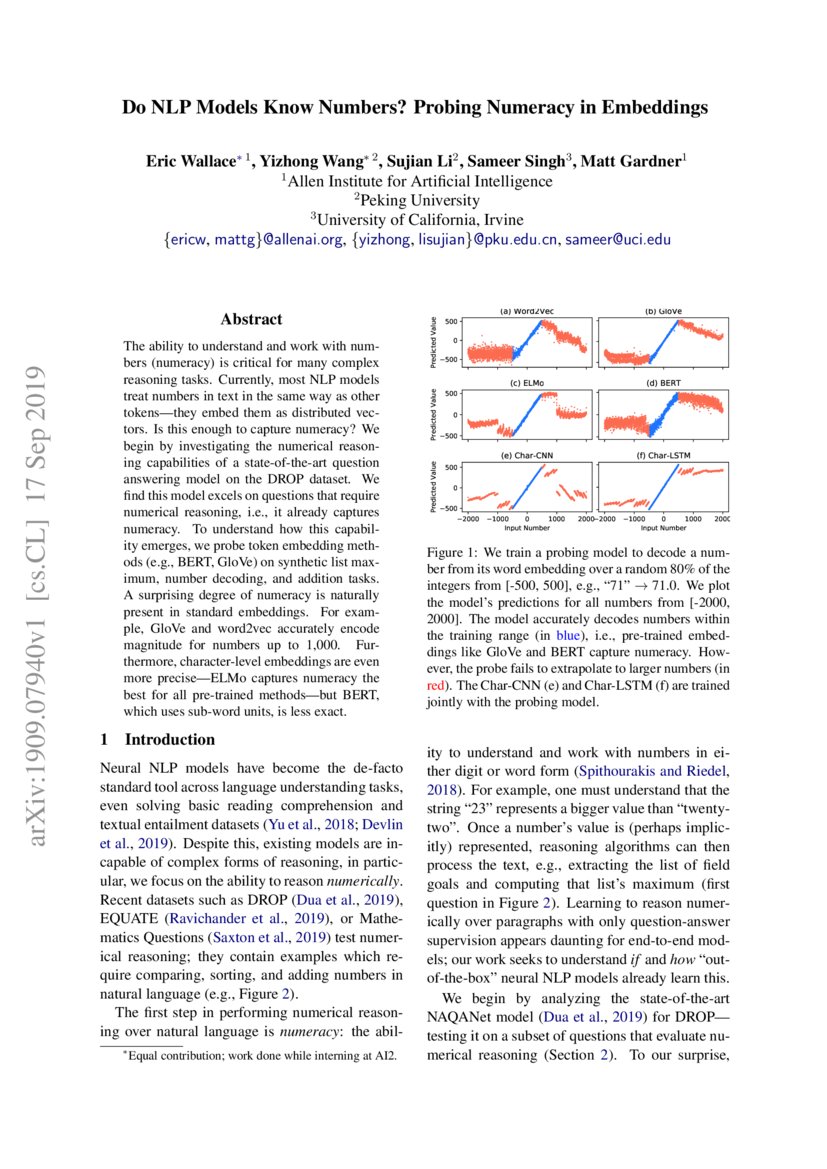Do Nlp Models Know Numbers Probing Numeracy In Embeddings Deepai