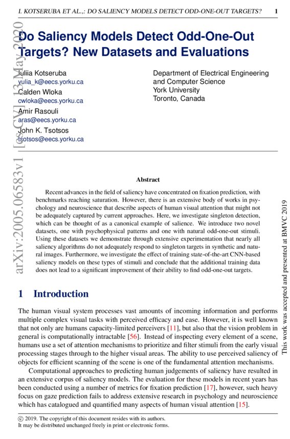 Do Saliency Models Detect Odd One Out Targets New Datasets And
