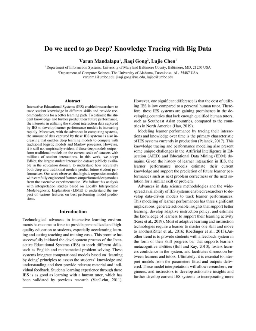 Do We Need To Go Deep Knowledge Tracing With Big Data Deepai 