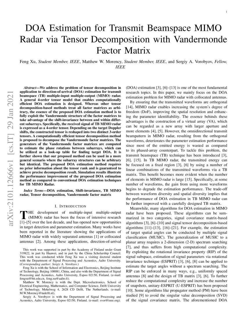 DOA Estimation for Transmit Beamspace MIMO Radar via Tensor Decomposition with Vandermonde ...
