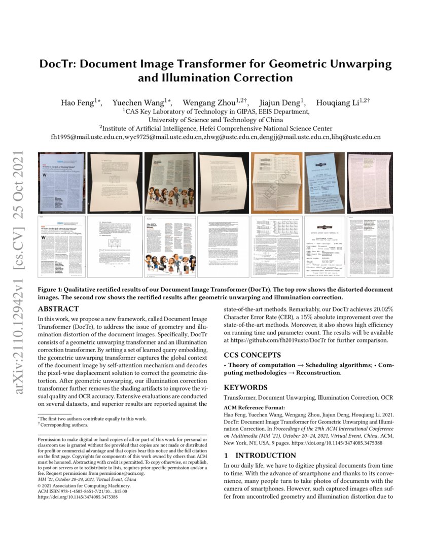 DocTr: Document Image Transformer for Geometric Unwarping and Illumination Correction | DeepAI