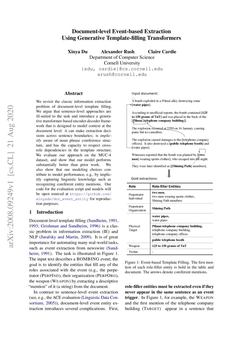 Document Level Event Based Extraction Using Generative Template Filling Transformers Deepai