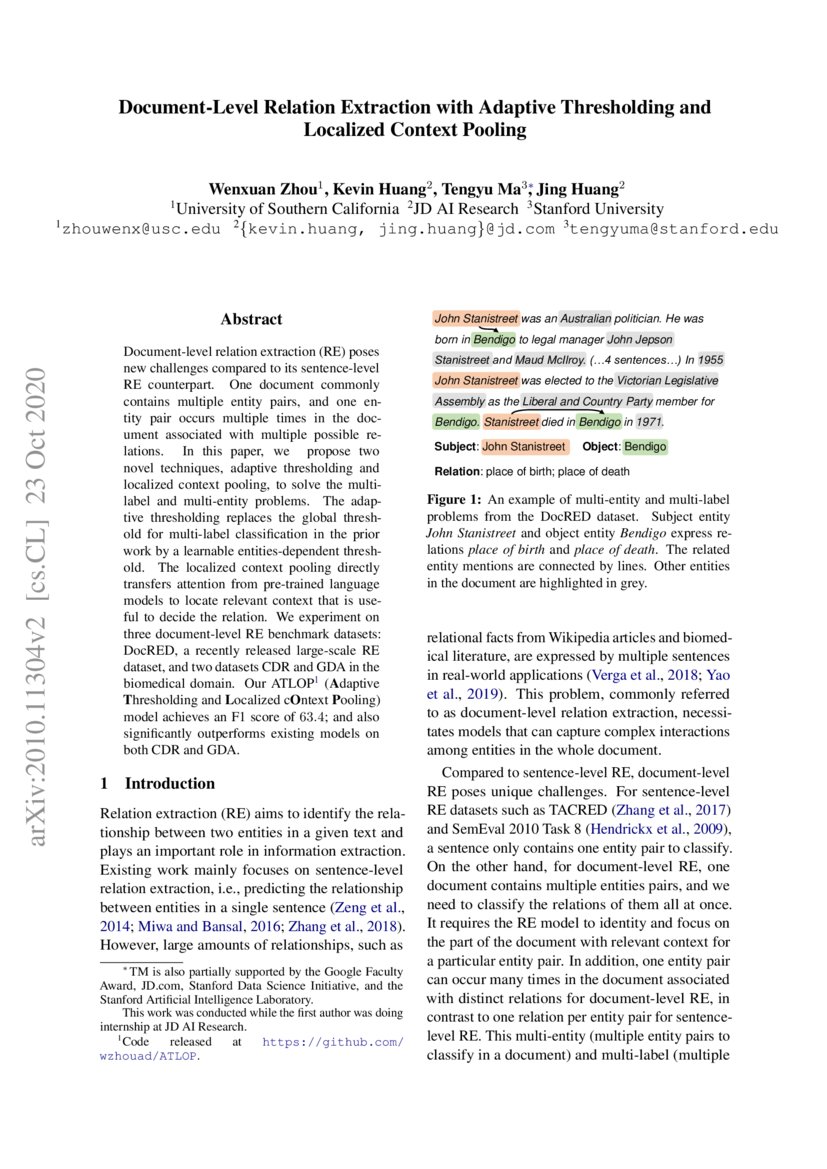 Document-Level Relation Extraction with Adaptive Thresholding and Localized Context Pooling | DeepAI