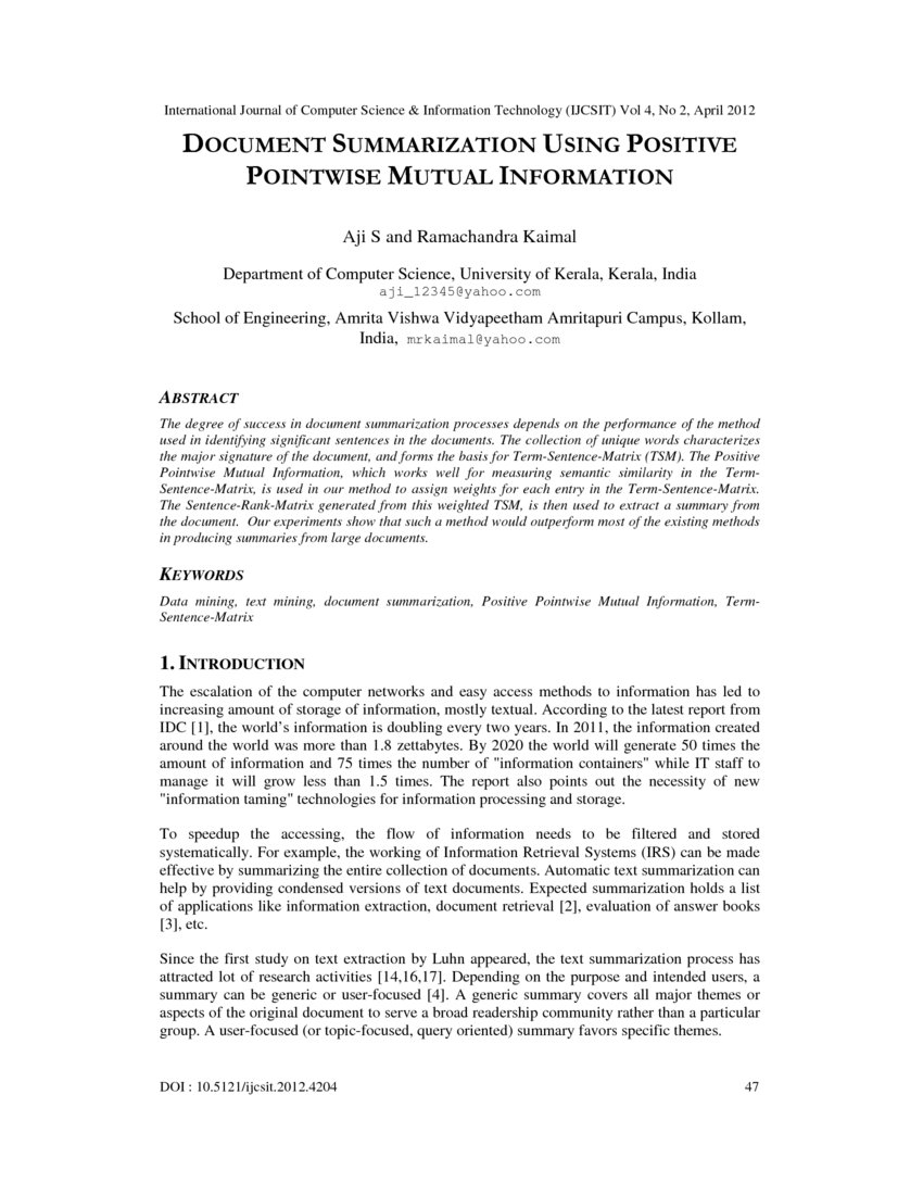 Document Summarization Using Positive Pointwise Mutual Information Deepai