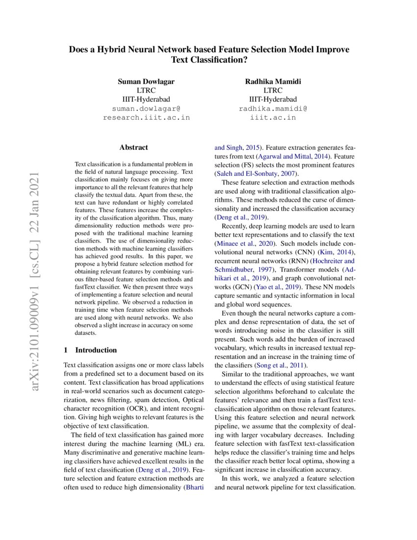 Does A Hybrid Neural Network Based Feature Selection Model Improve Text