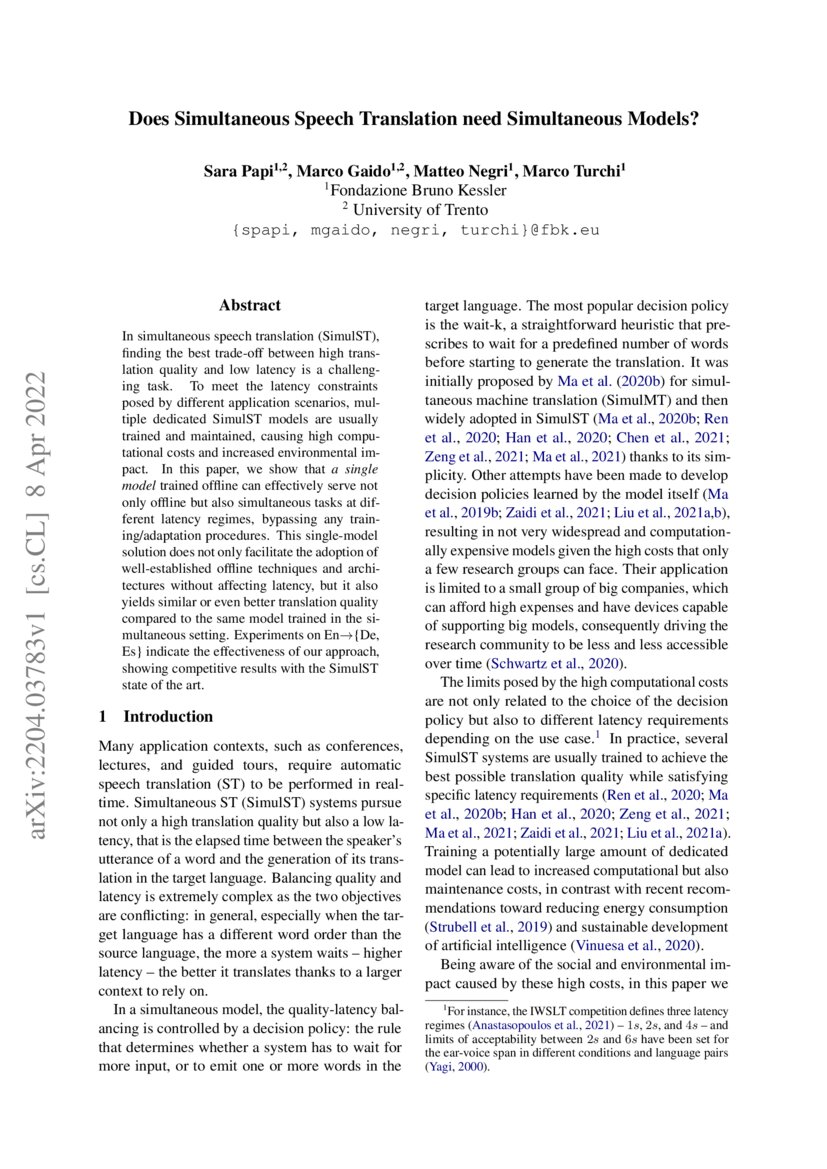 Does Simultaneous Speech Translation need Simultaneous Models? | DeepAI