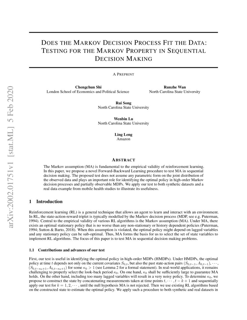 Does The Markov Decision Process Fit The Data Testing For The Markov Property In Sequential 9568