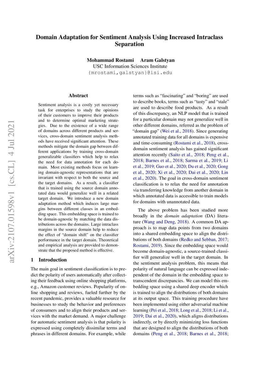 Domain Adaptation For Sentiment Analysis Using Increased Intraclass Separation Deepai