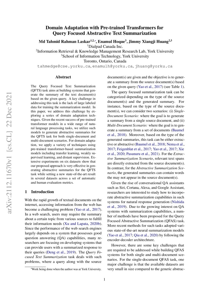 Domain Adaptation With Pre Trained Transformers For Query Focused Abstractive Text Summarization 