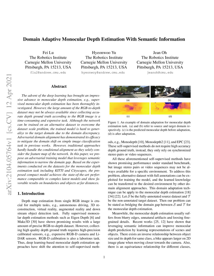 Domain Adaptive Monocular Depth Estimation With Semantic Information | DeepAI