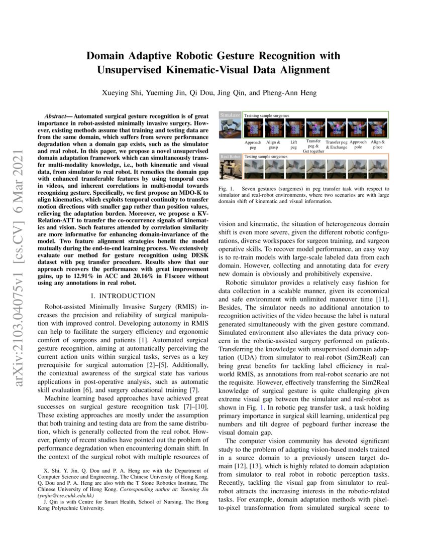 Domain Adaptive Robotic Gesture Recognition with Unsupervised Kinematic-Visual Data Alignment ...
