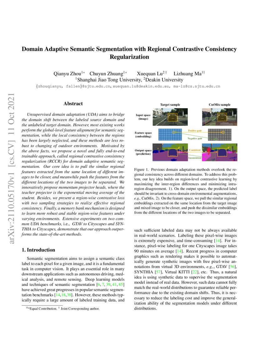 Domain Adaptive Semantic Segmentation with Regional Contrastive Consistency Regularization | DeepAI