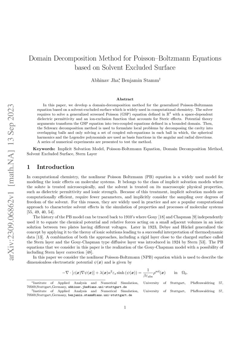 Domain decomposition method for Poisson–Boltzmann equations based on Solvent Excluded Surface ...