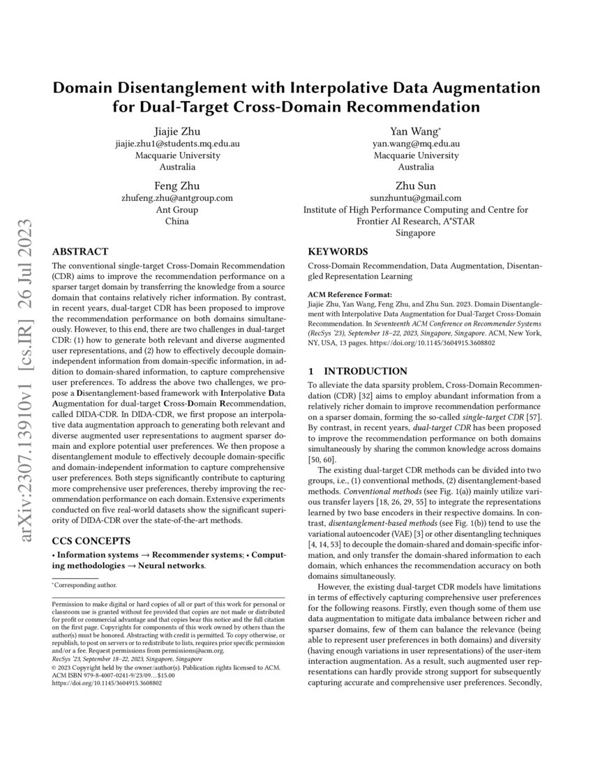 Domain Disentanglement With Interpolative Data Augmentation For Dual Target Cross Domain