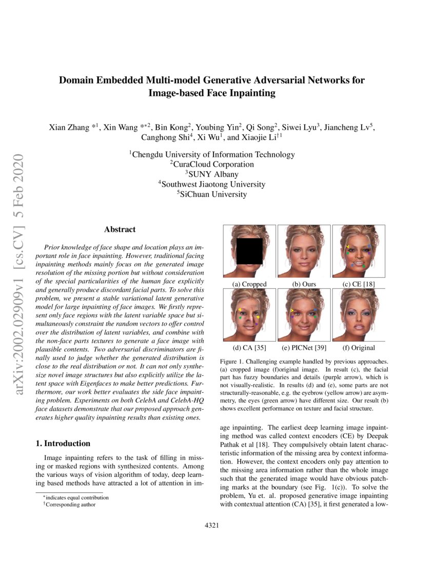 Domain Embedded Multi-model Generative Adversarial Networks for Image-based Face Inpainting | DeepAI