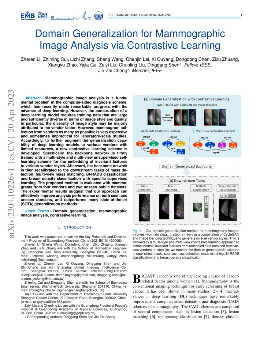 Domain Generalization For Mammographic Image Analysis Via Contrastive