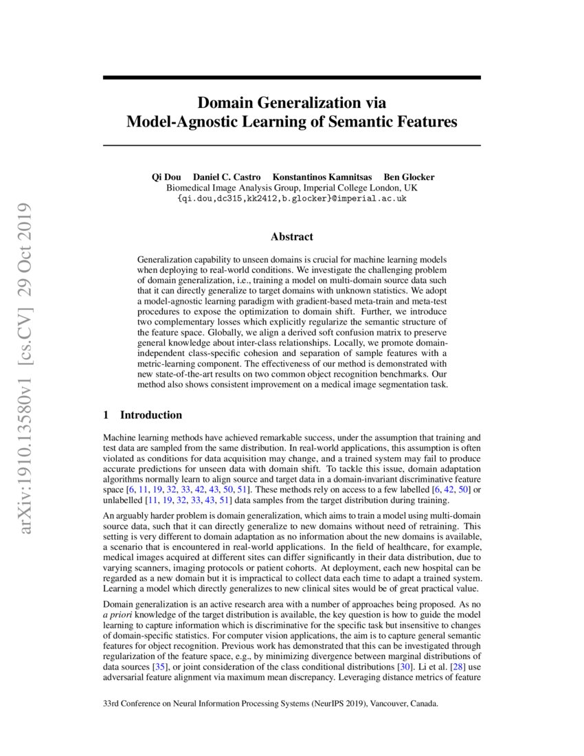 Domain Generalization Via Model Agnostic Learning Of Semantic Features