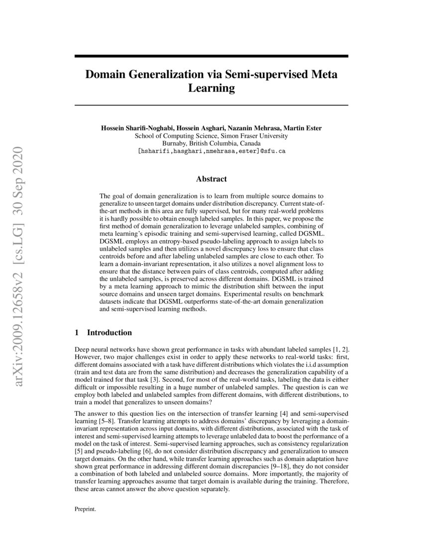 Domain Generalization Via Semi Supervised Meta Learning Deepai