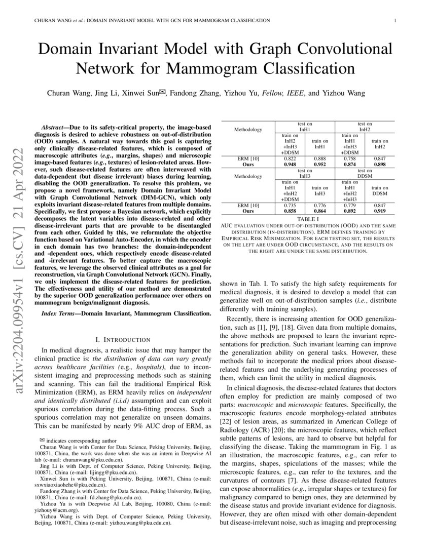 Domain Invariant Model with Graph Convolutional Network for Mammogram Classification | DeepAI