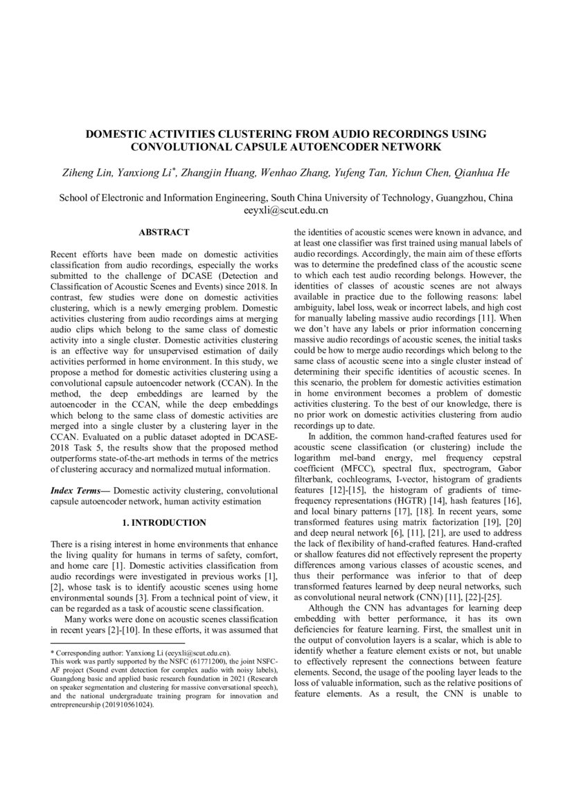 Domestic Activities Clustering From Audio Recordings Using Convolutional Capsule Autoencoder