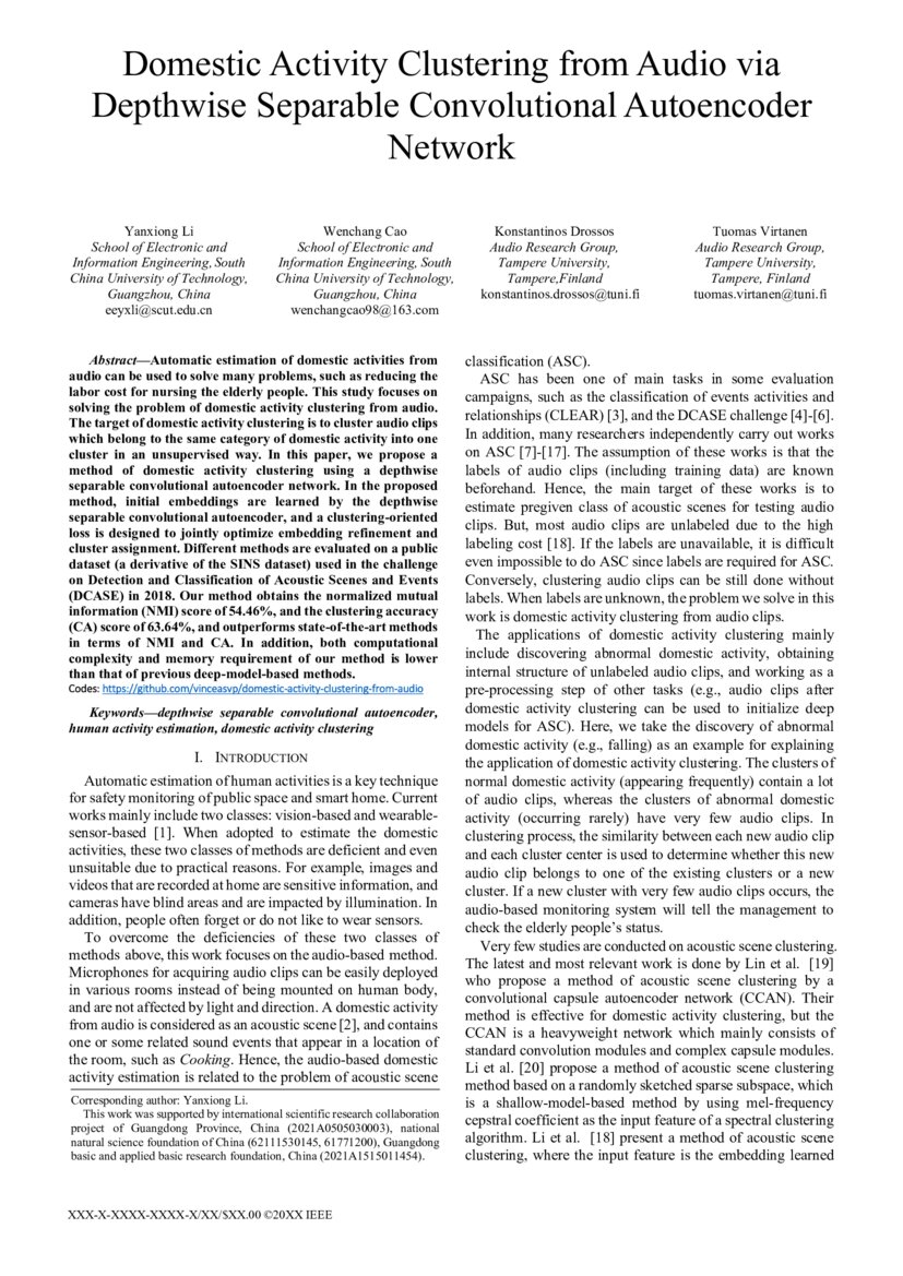 Domestic Activity Clustering From Audio Via Depthwise Separable Convolutional Autoencoder 5185