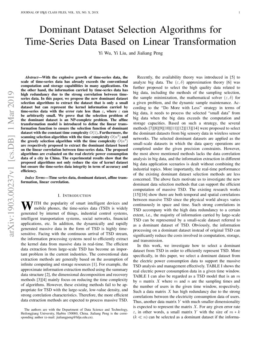 Dominant Dataset Selection Algorithms For Time Series Data Based On 2296