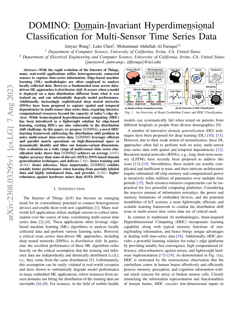 DOMINO: Domain-invariant Hyperdimensional Classification for Multi-Sensor Time Series Data | DeepAI