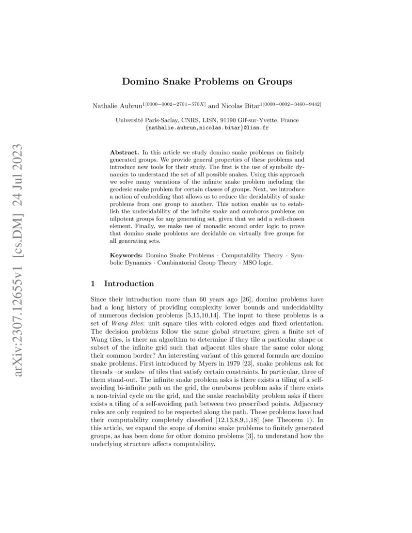 Domino Snake Problems on Groups | DeepAI