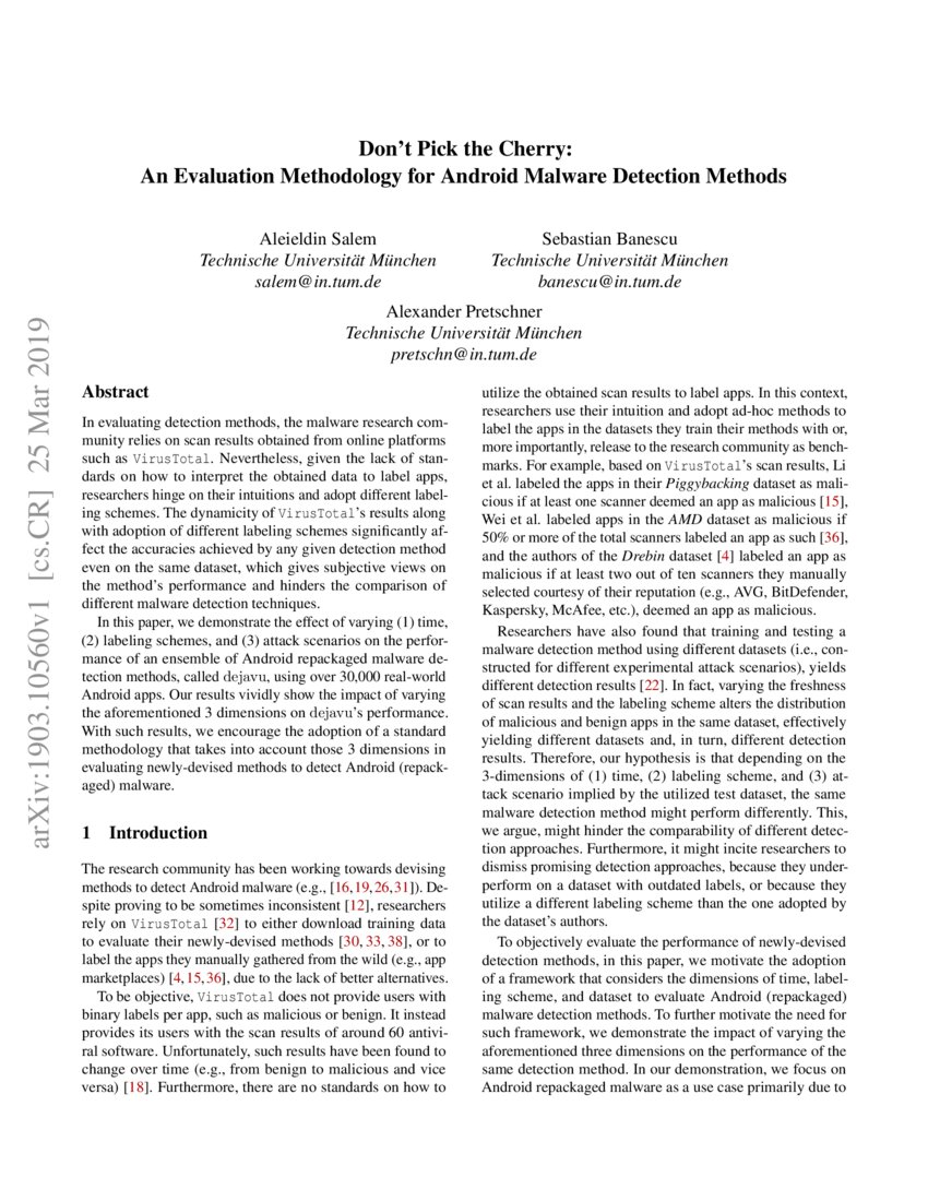 Don't Pick the Cherry: An Evaluation Methodology for Android Malware Detection Methods | DeepAI