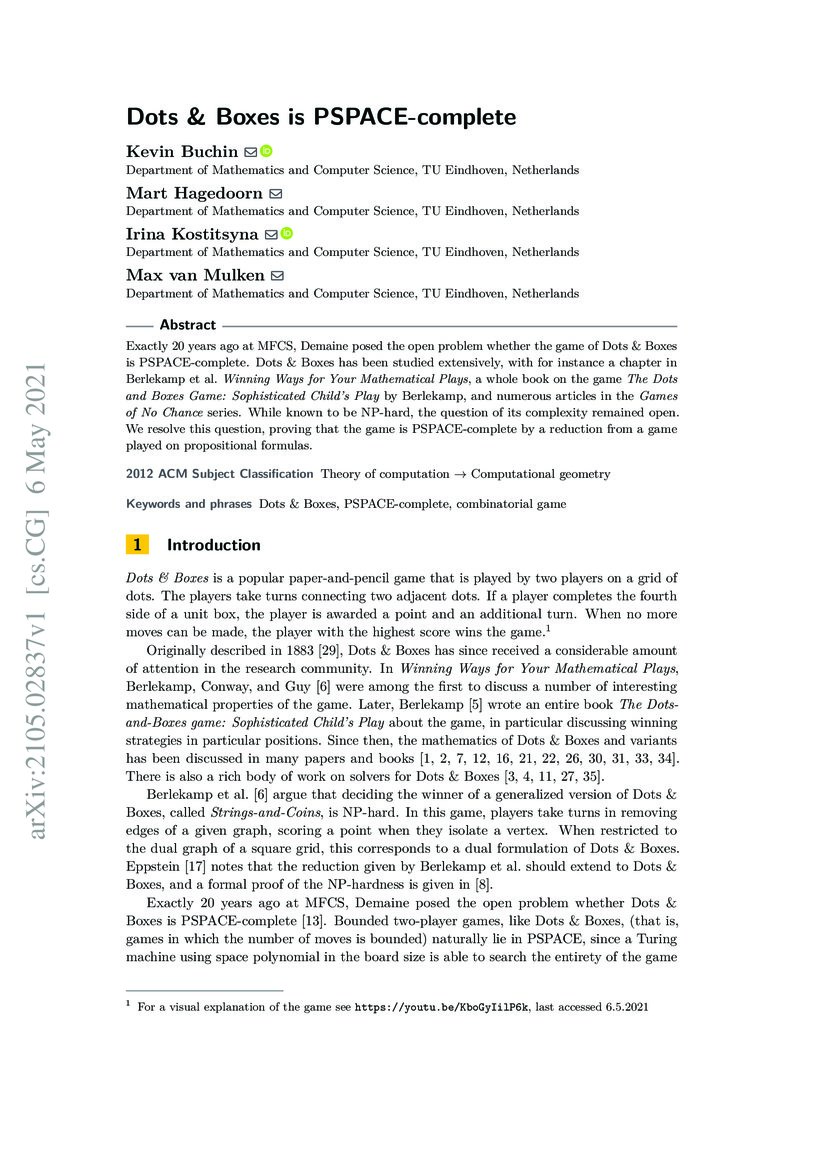 Dots Boxes is PSPACE-complete | DeepAI