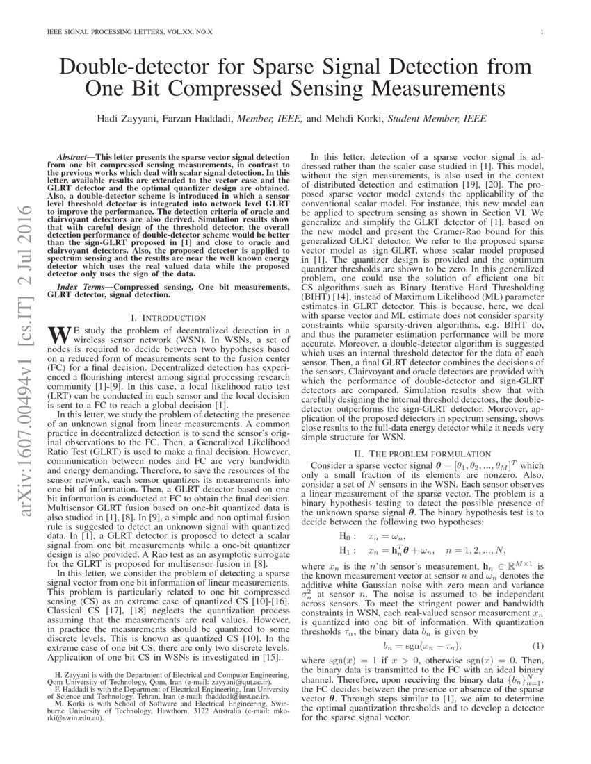 Double-detector for Sparse Signal Detection from One Bit Compressed Sensing Measurements | DeepAI