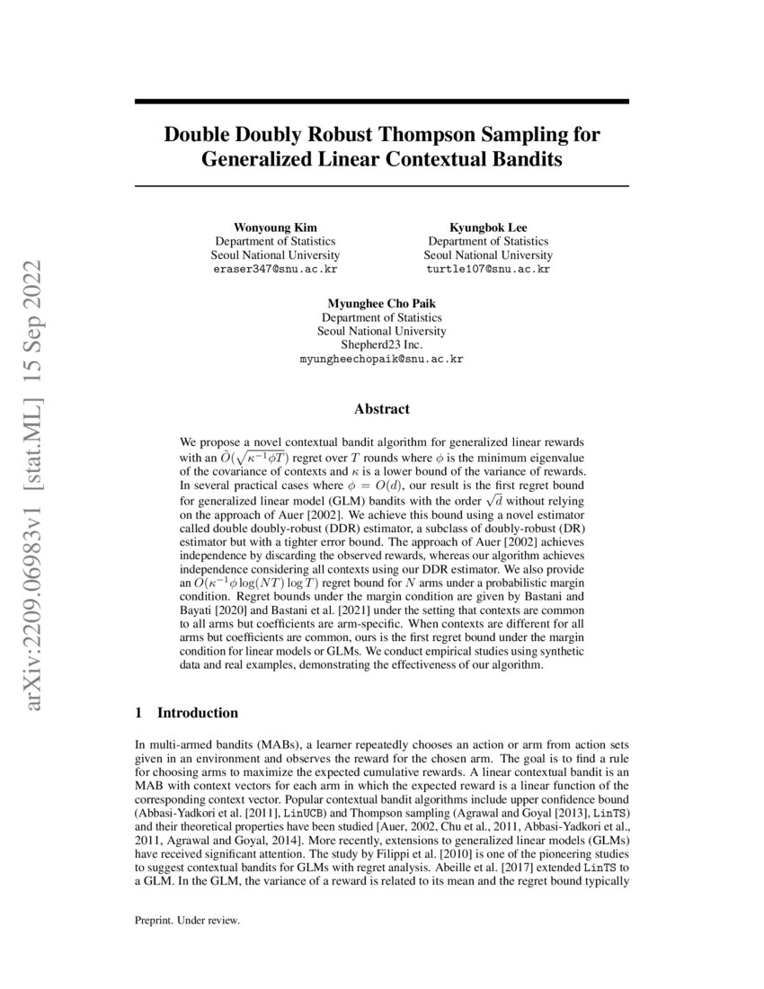Double Doubly Robust Thompson Sampling For Generalized Linear Contextual Bandits Deepai