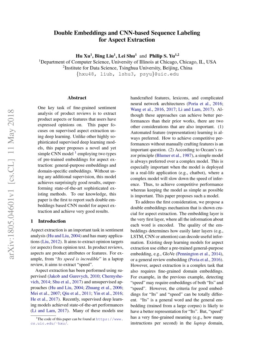 Double Embeddings and CNN-based Sequence Labeling for Aspect Extraction | DeepAI