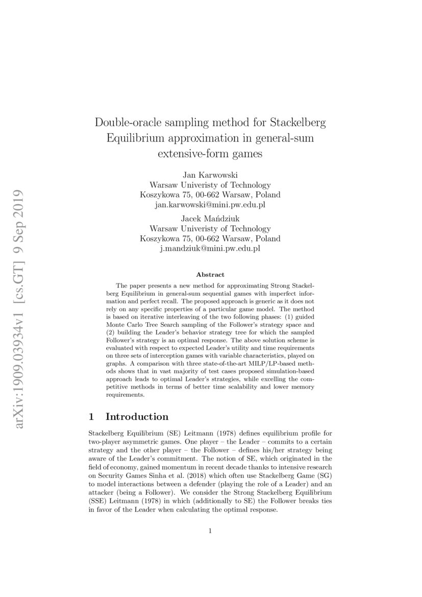 Double Oracle Sampling Method For Stackelberg Equilibrium Approximation
