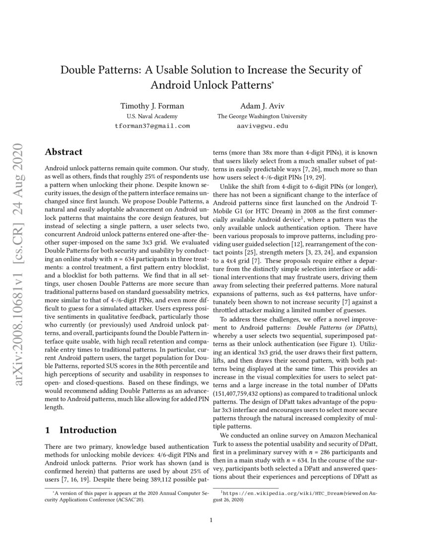 Double Patterns A Usable Solution To Increase The Security Of Android Unlock Patterns Deepai