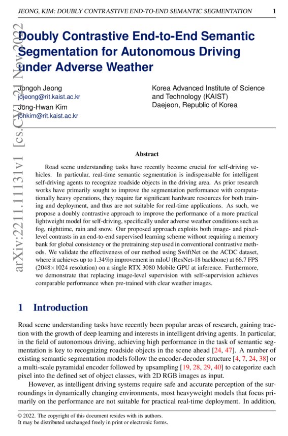 Doubly Contrastive End-to-End Semantic Segmentation for Autonomous Driving under Adverse Weather ...